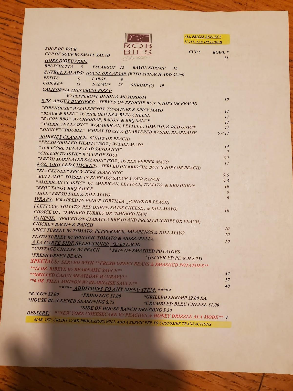 Menu at Robbies Restaurant, Decatur