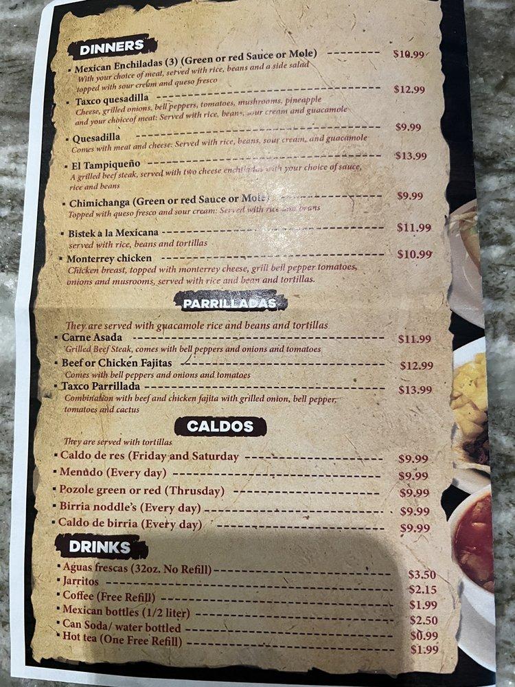 Menu at Taqueria Flor de Taxco restaurant, Tyler