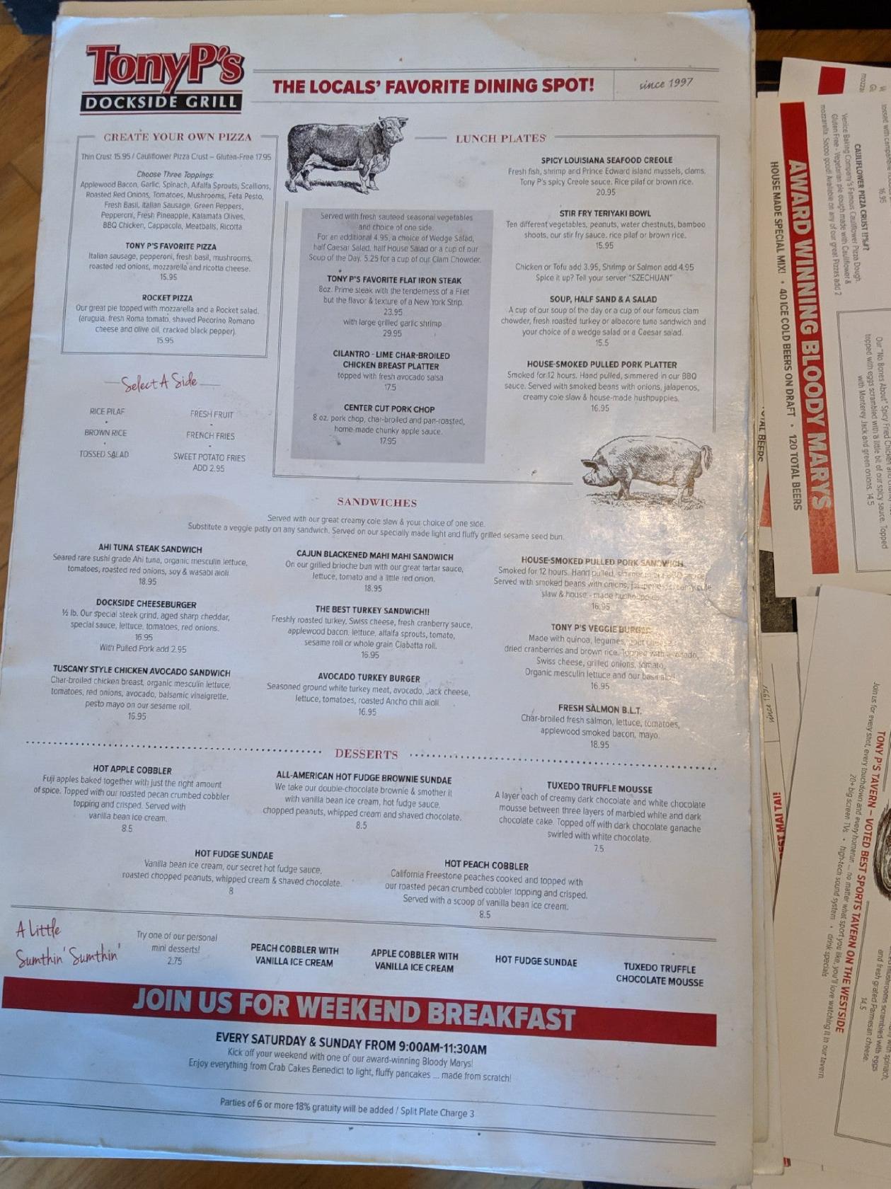 Menu at Tony P's Dockside Grill pub & bar, Marina del Rey