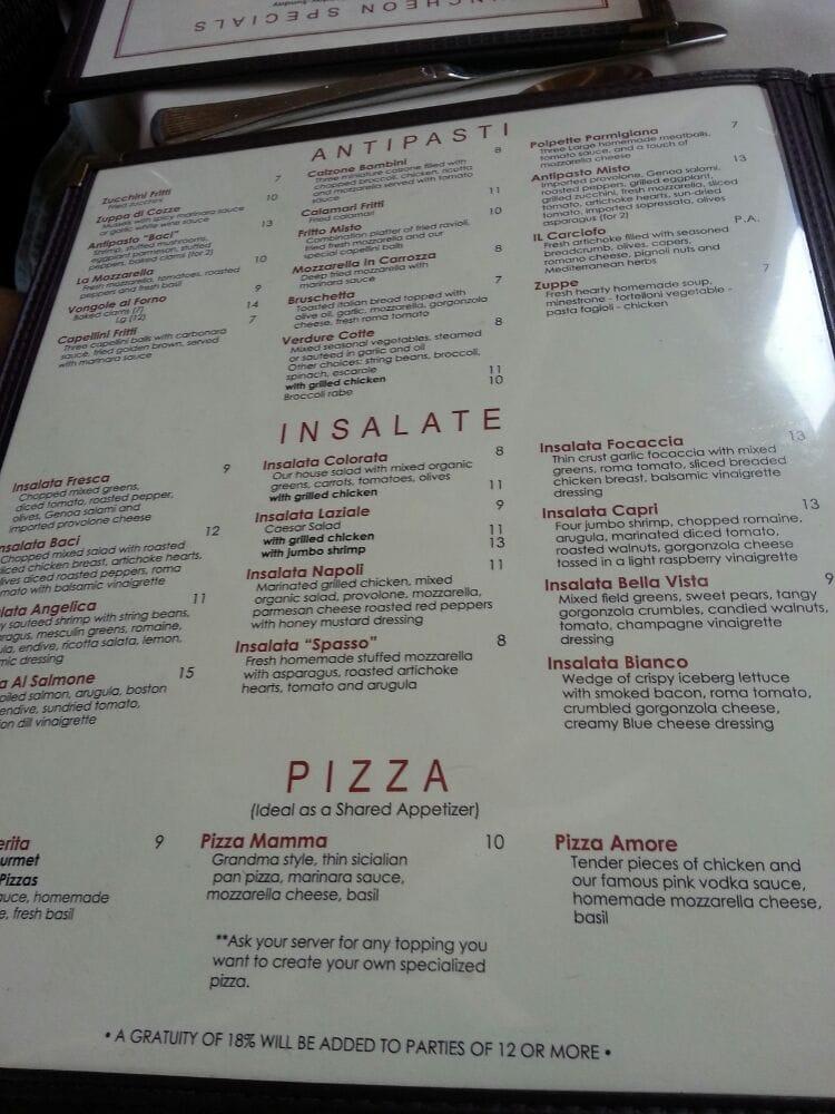 Menu at Cafe Baci, Westbury