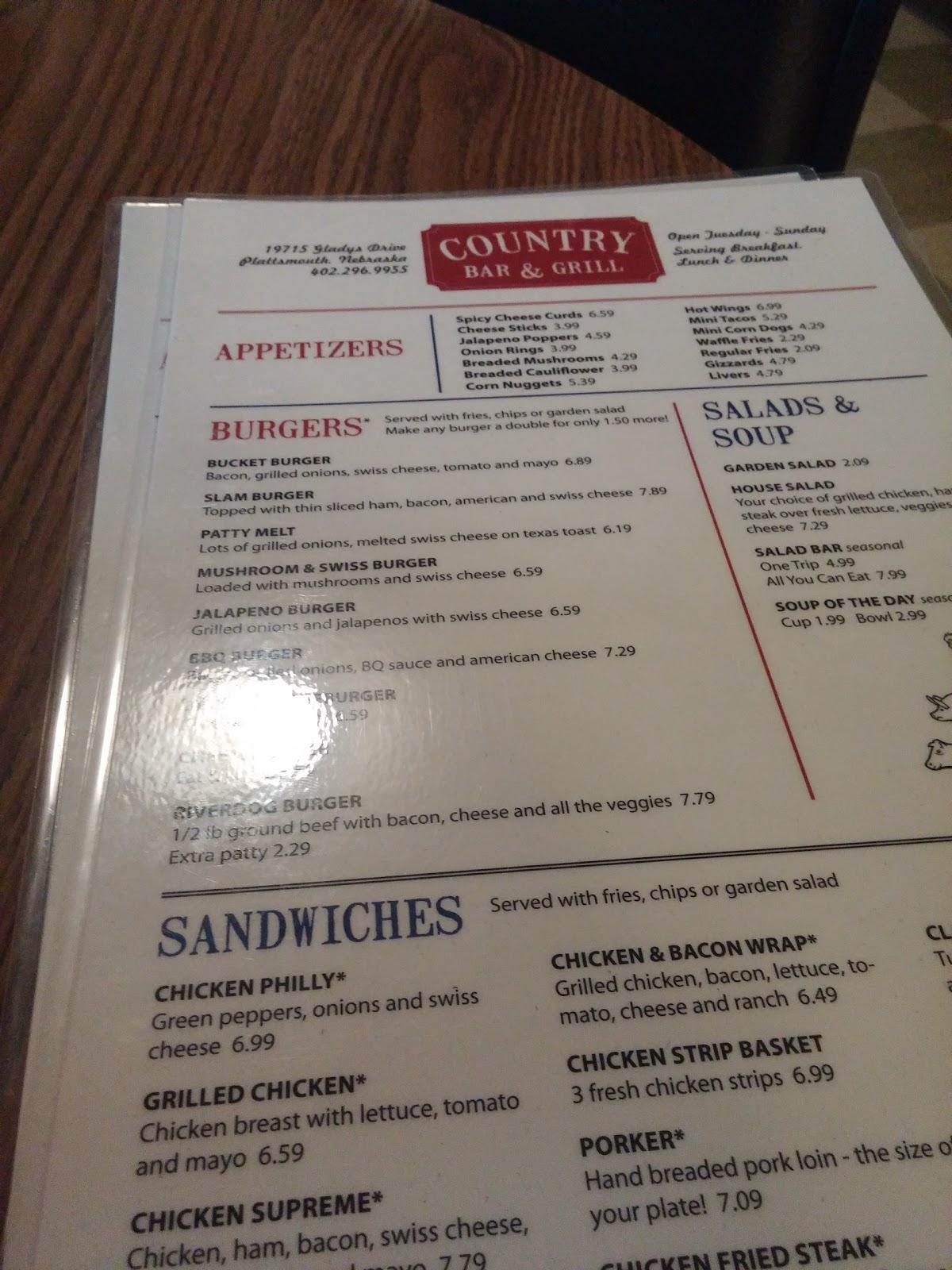 Menu at Country Bar & Grill, Plattsmouth, Gladys Dr