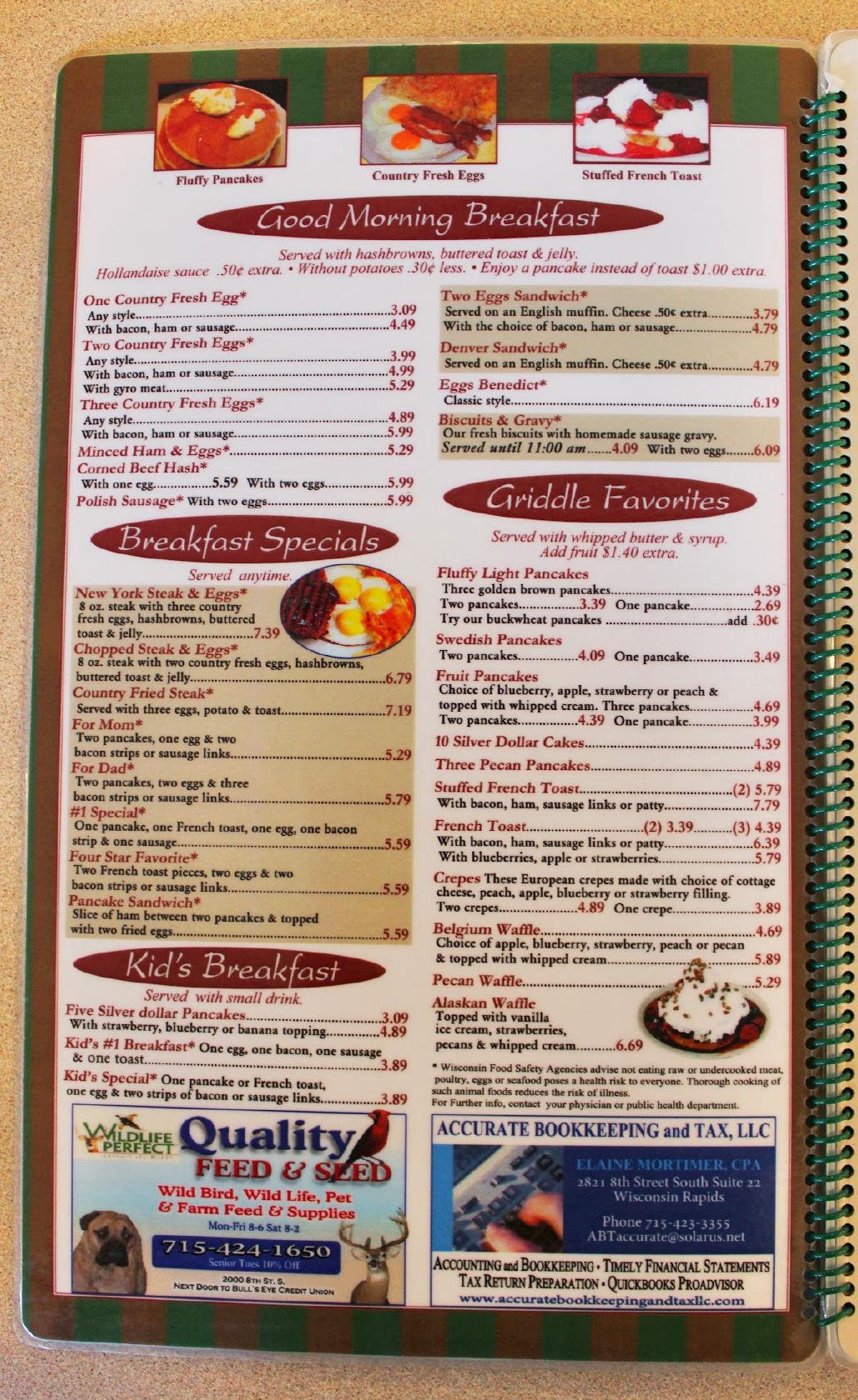 Menu at Four Star Family Restaurant, Wisconsin Rapids