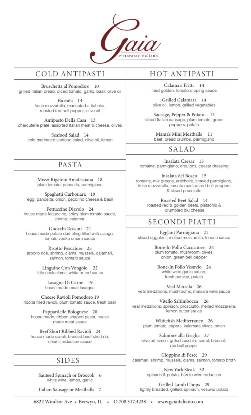 Menu at Gaia Ristorante Italiano pub & bar, Berwyn