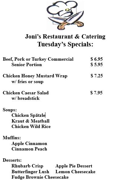 Menu at Joni's Restaurant & Catering, New Ulm