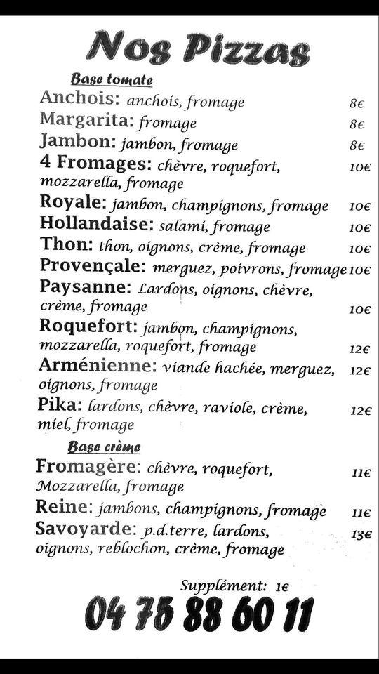 Menu at La Pizz' Chez Pik'anto restaurant, Villeneuve-de-Berg