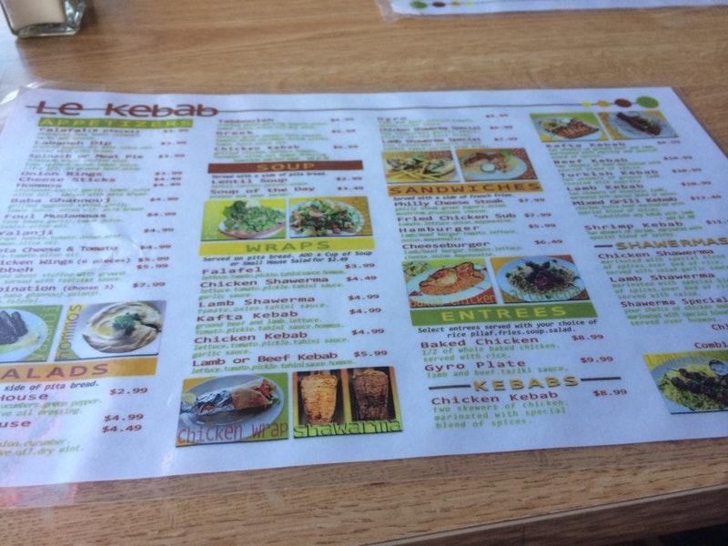 Menu at Le Kebab Grill restaurant, Charlotte, 350 E McCullough Dr