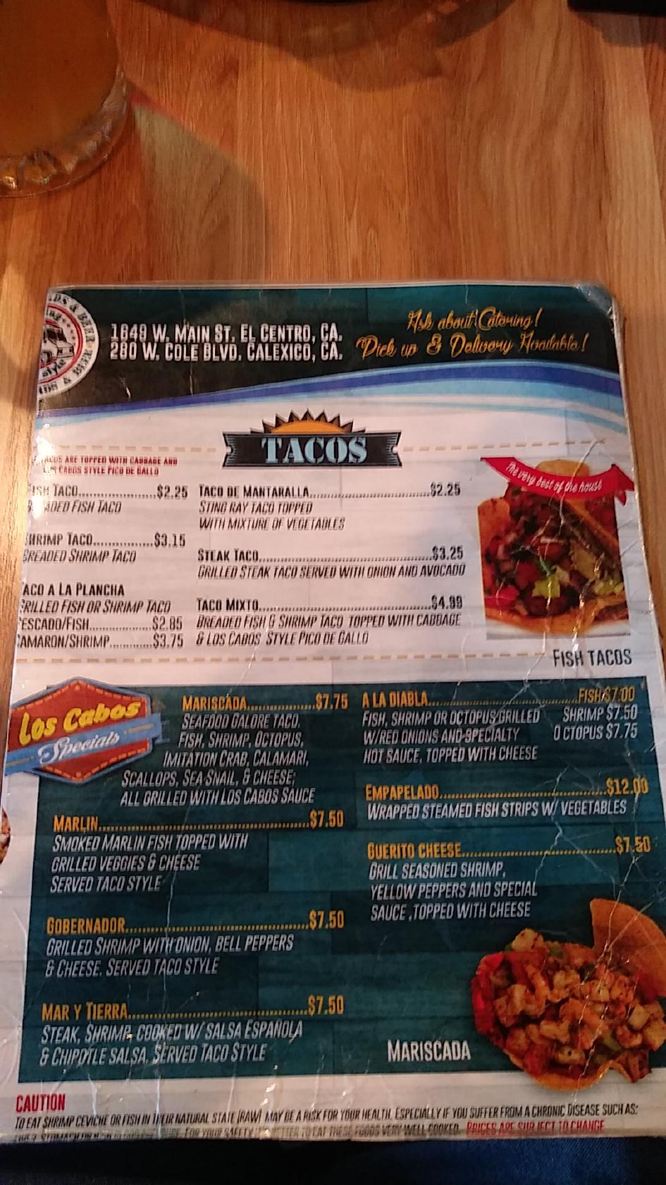 Menu at Los Cabos Seafood & Grill restaurant, El Centro