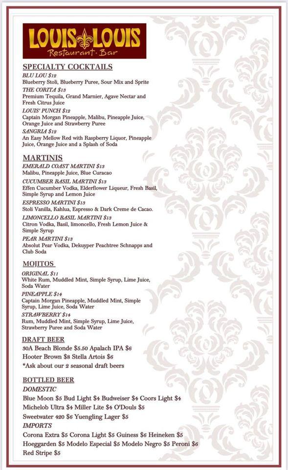 Menu at Louis Louis restaurant, Santa Rosa Beach