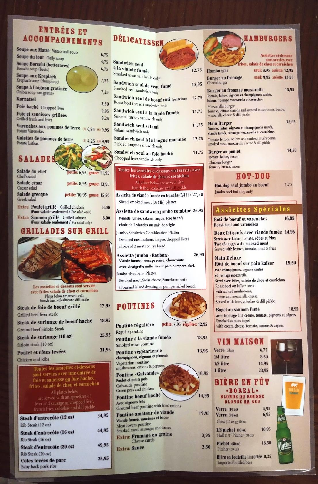 Menu at MAIN DELI steakhouse, Montréal