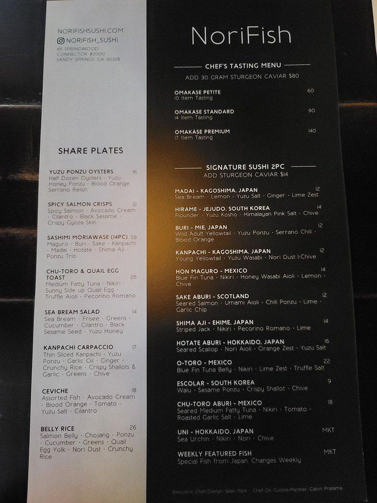 Menu at NoriFish restaurant, Sandy Springs