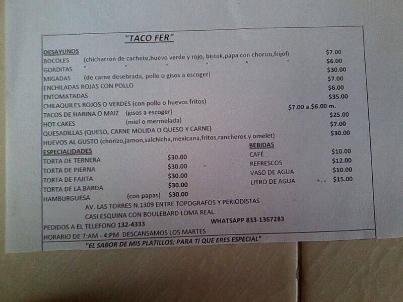 Menu at TACO FER, Reynosa