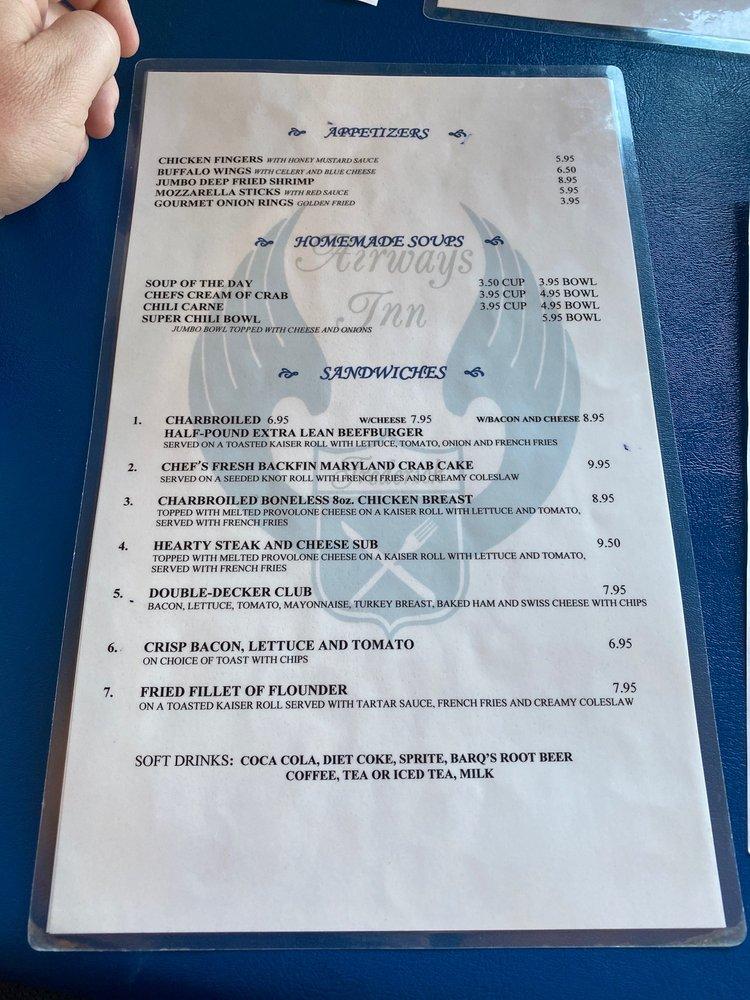 Menu at Airways Inn of Frederick fast food, Frederick