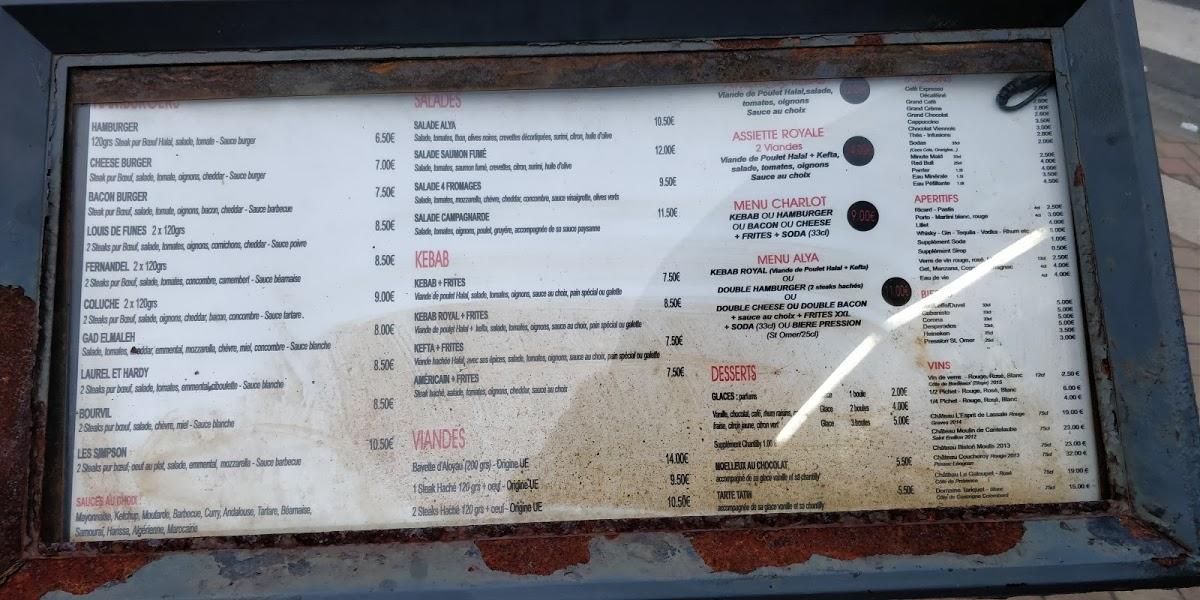 Menu at Le Charlot restaurant, Lacanau