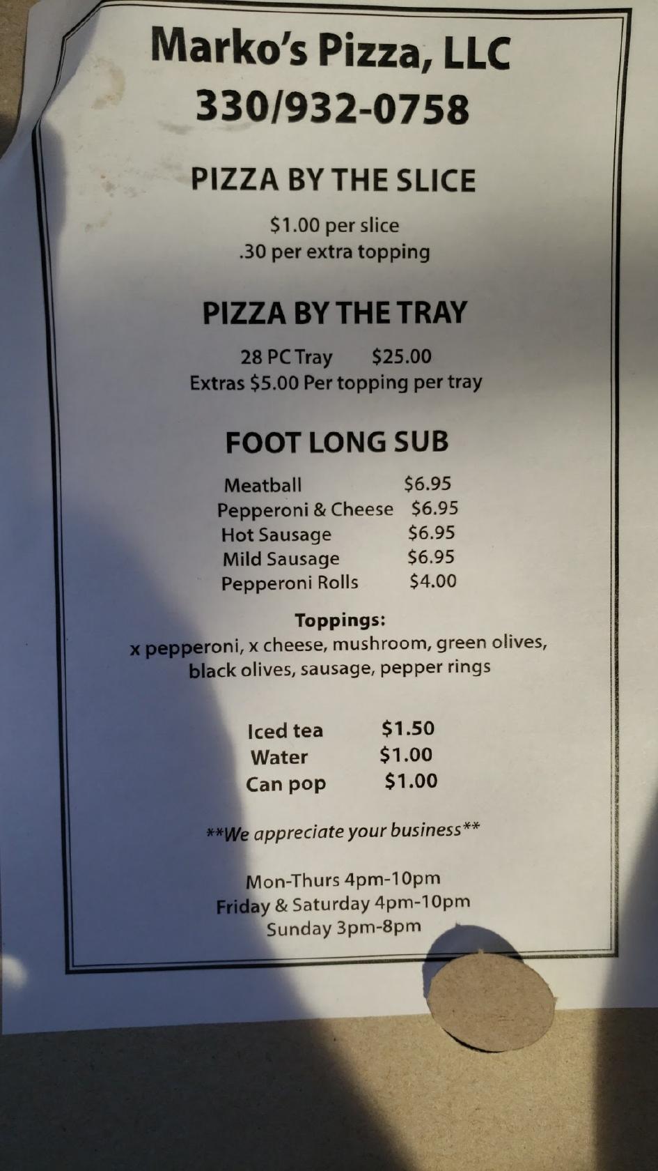 Menu at Marko's Pizza restaurant, East Liverpool
