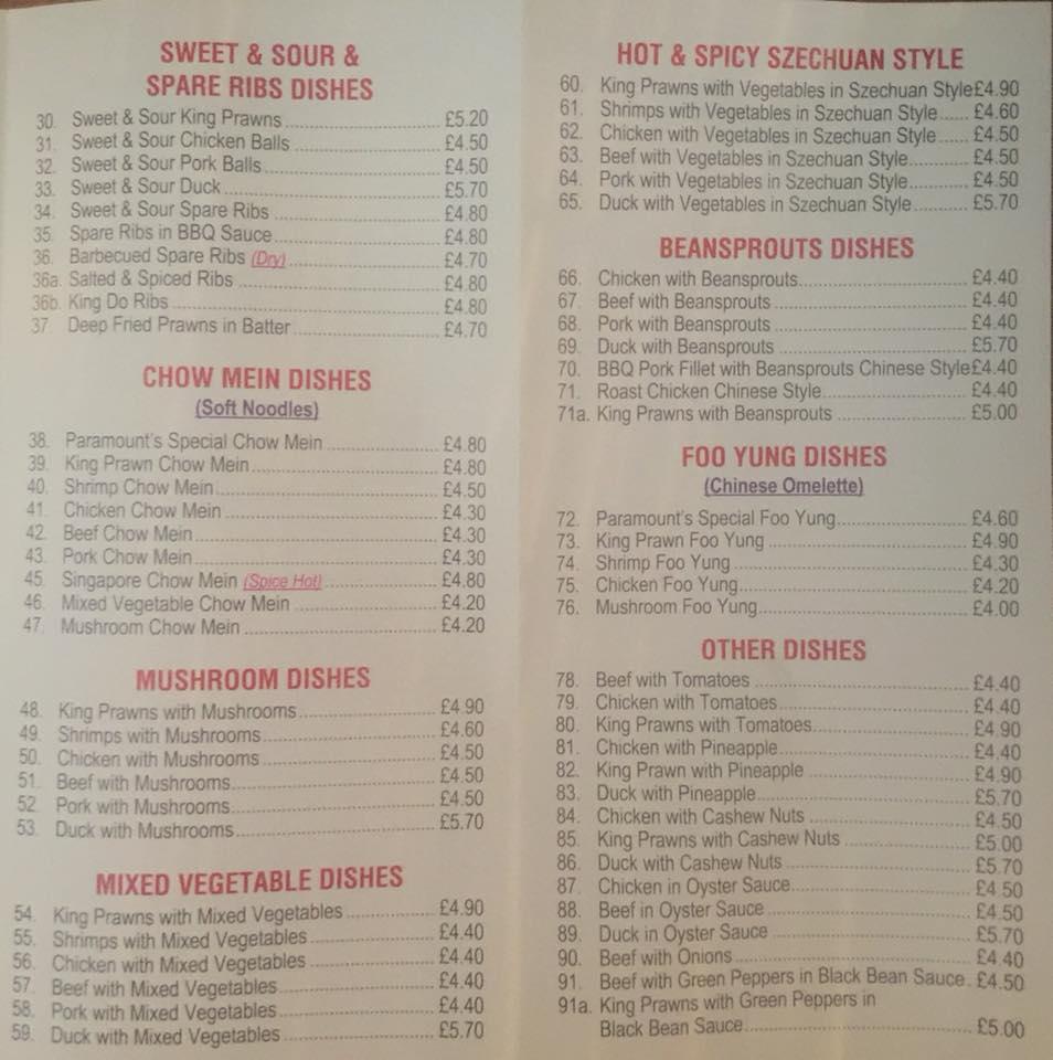 Menu at Paramount Chinese restaurant, Bideford