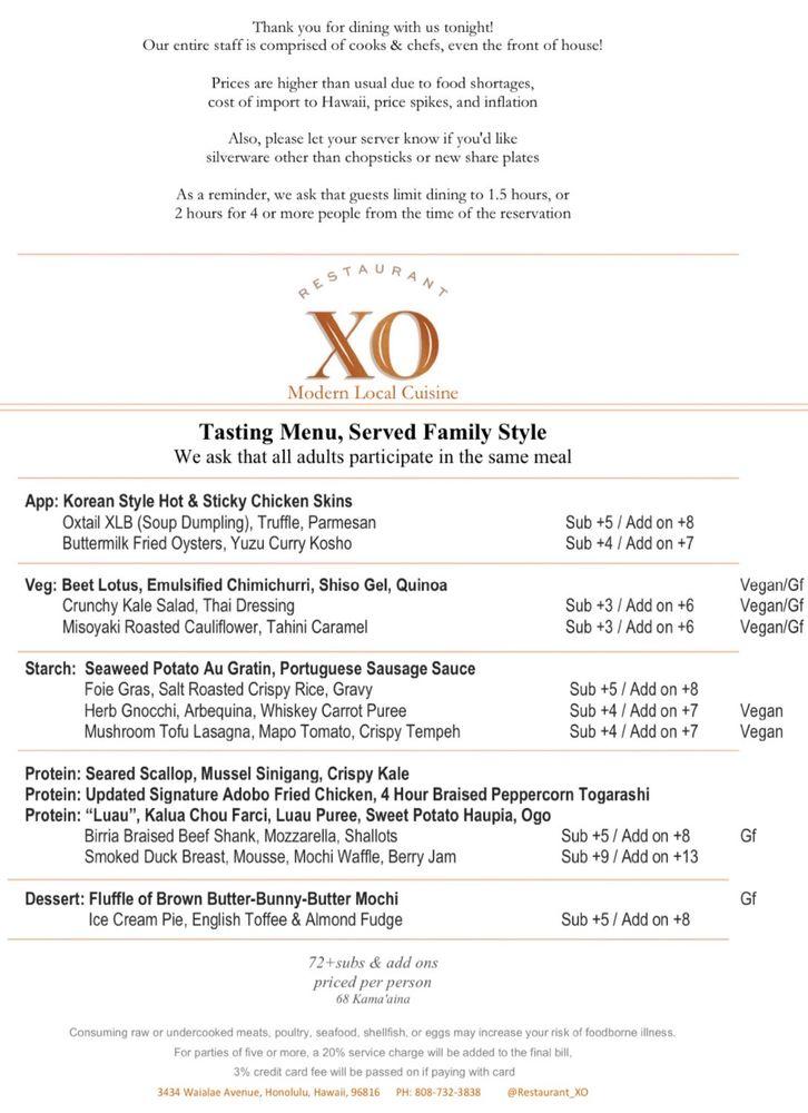 Menu at Restaurant XO, Honolulu