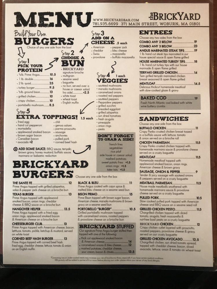 Menu at The Brickyard pizzeria, Woburn