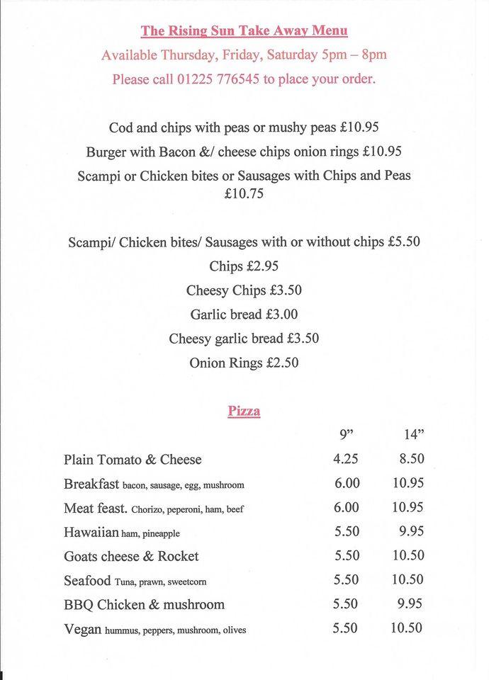 Menu at The Rising Sun pub & bar, Trowbridge, 61 Woodmarsh