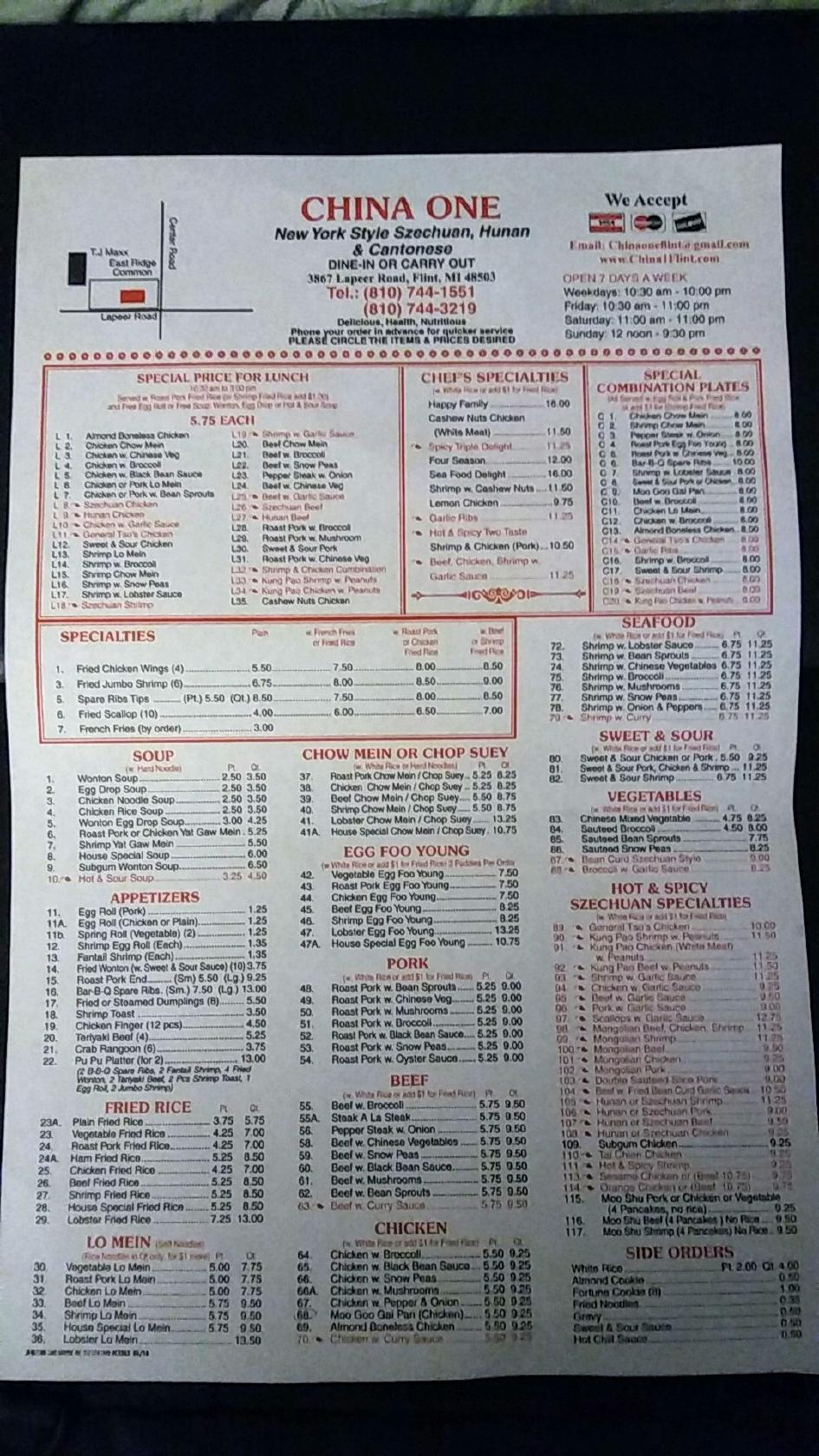 Menu at China One restaurant, Flint, Lapeer Rd