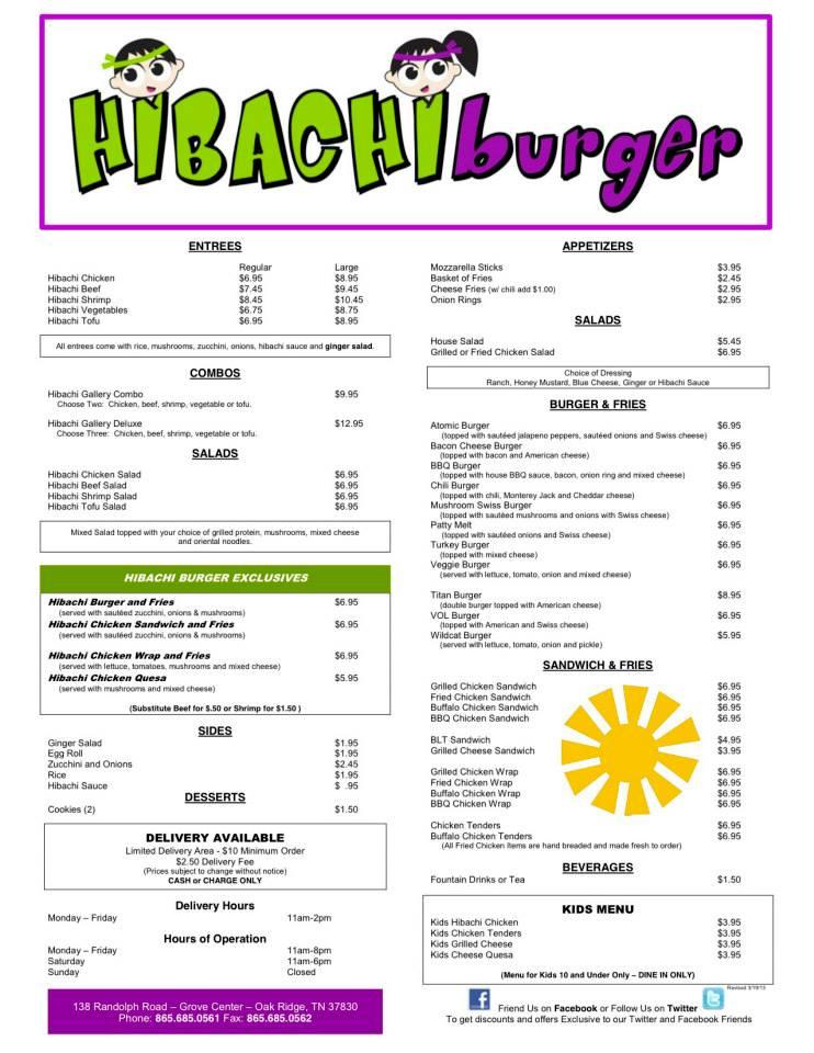 Menu at Hibachi Burger of Oak Ridge restaurant, Oak Ridge, 138 Randolph Rd