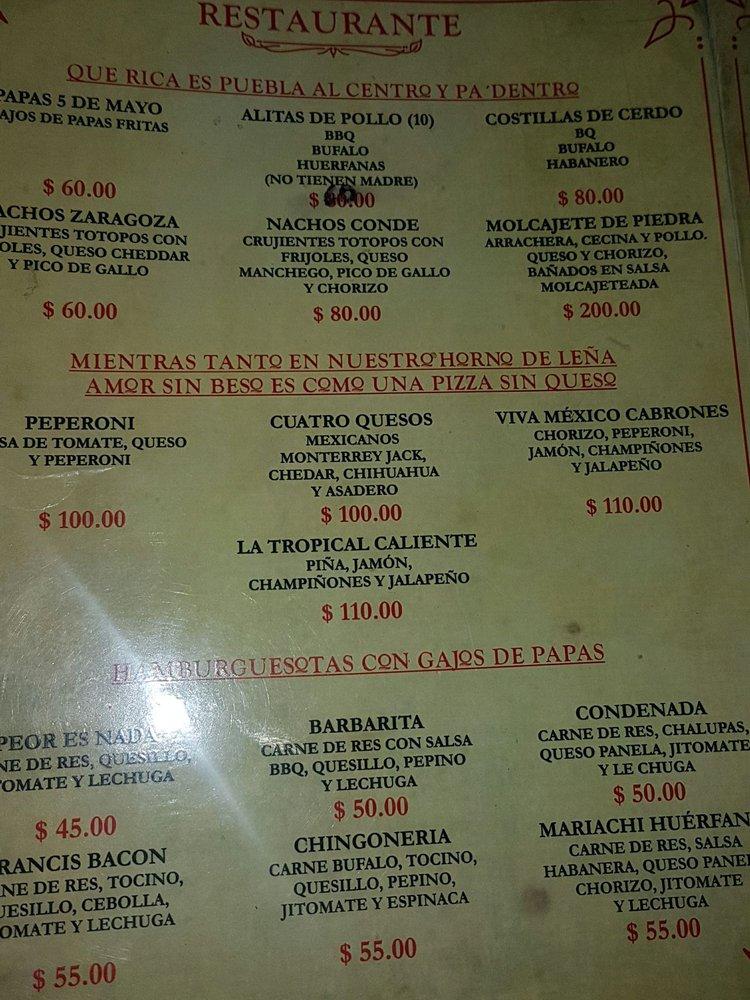 Menu at La Casa del Conde Ovando pub & bar, Puebla City