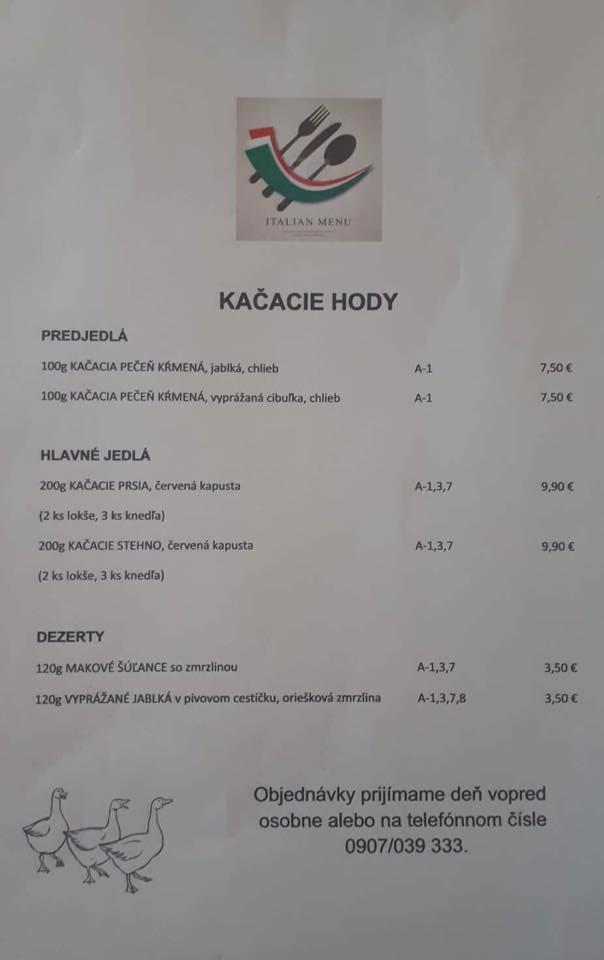 Menu at La Manana restaurant, Uhrovec