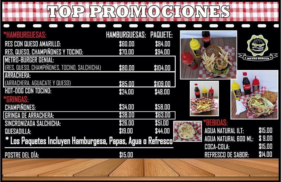 Menu at Metro-Burger restaurant, Guadalajara