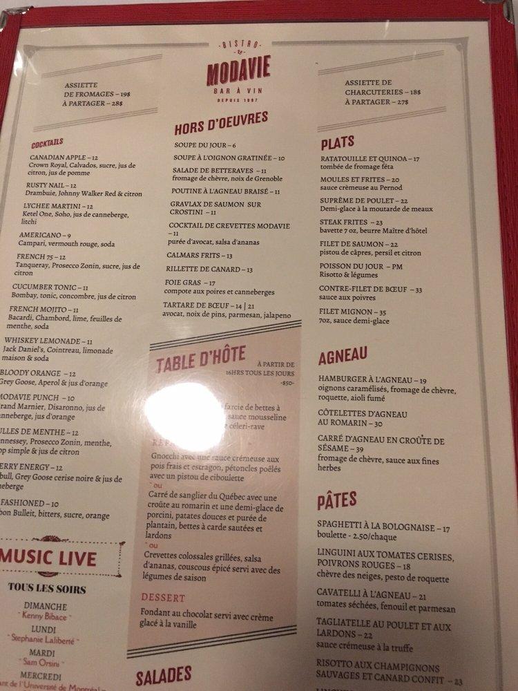 Menu at Modavie restaurant, Montréal, 1 Saint-Paul St W