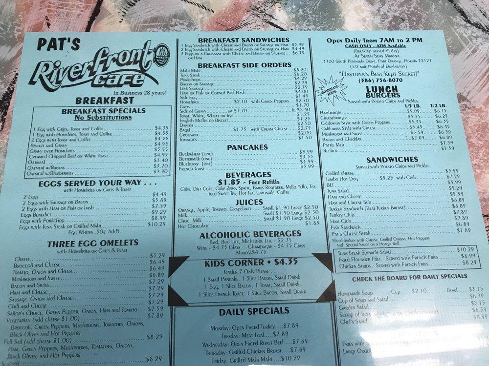 Menu at Pat's Riverfront Cafe, Port Orange