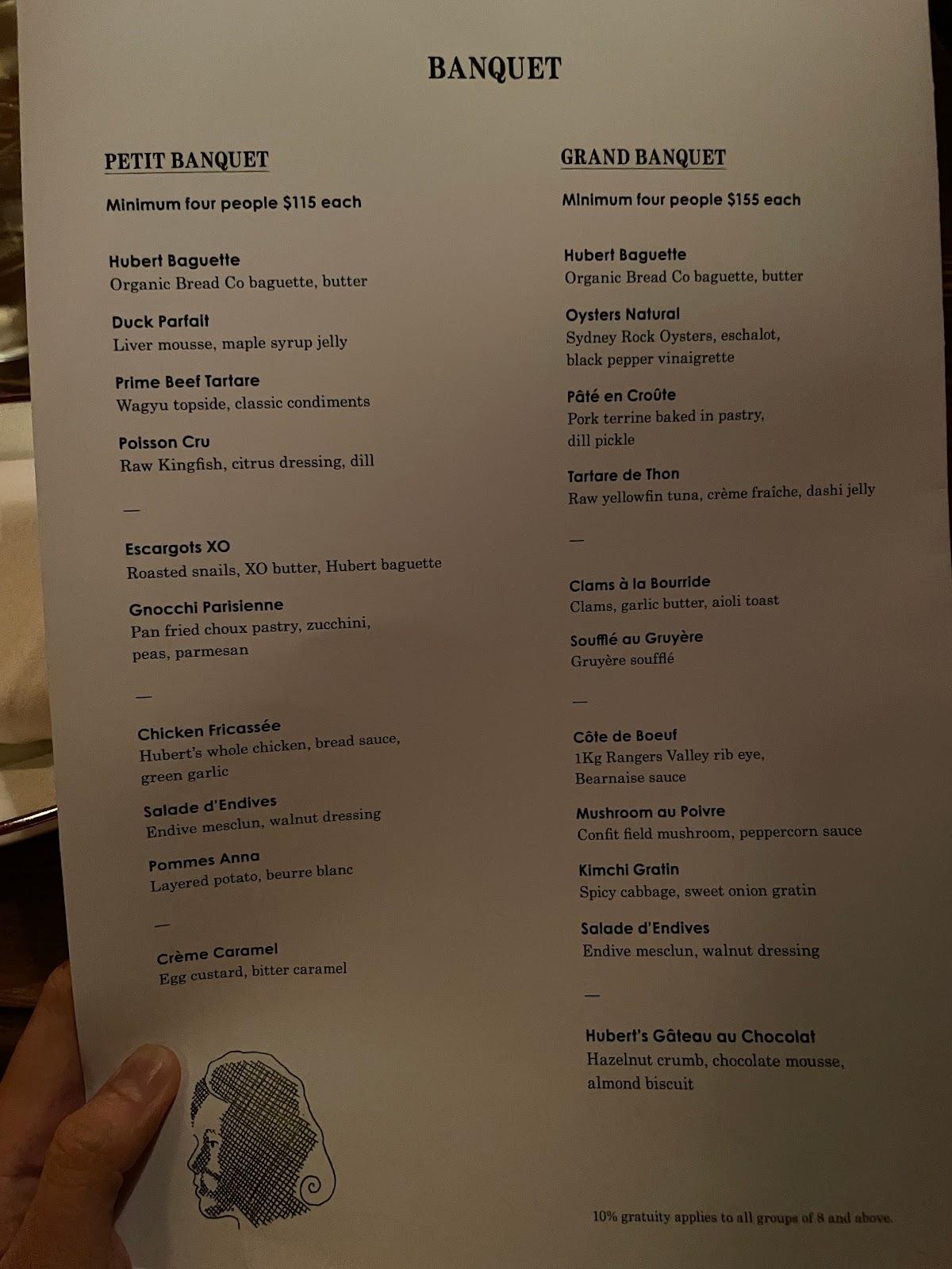Menu at Restaurant Hubert, Sydney