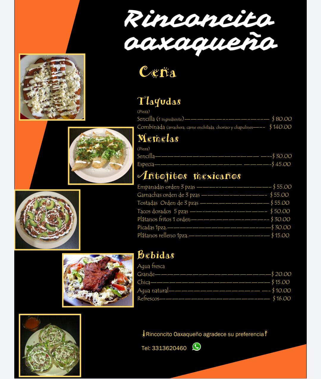 Menu at Rinconcito Oaxaqueño restaurant, Atotonilco El Alto
