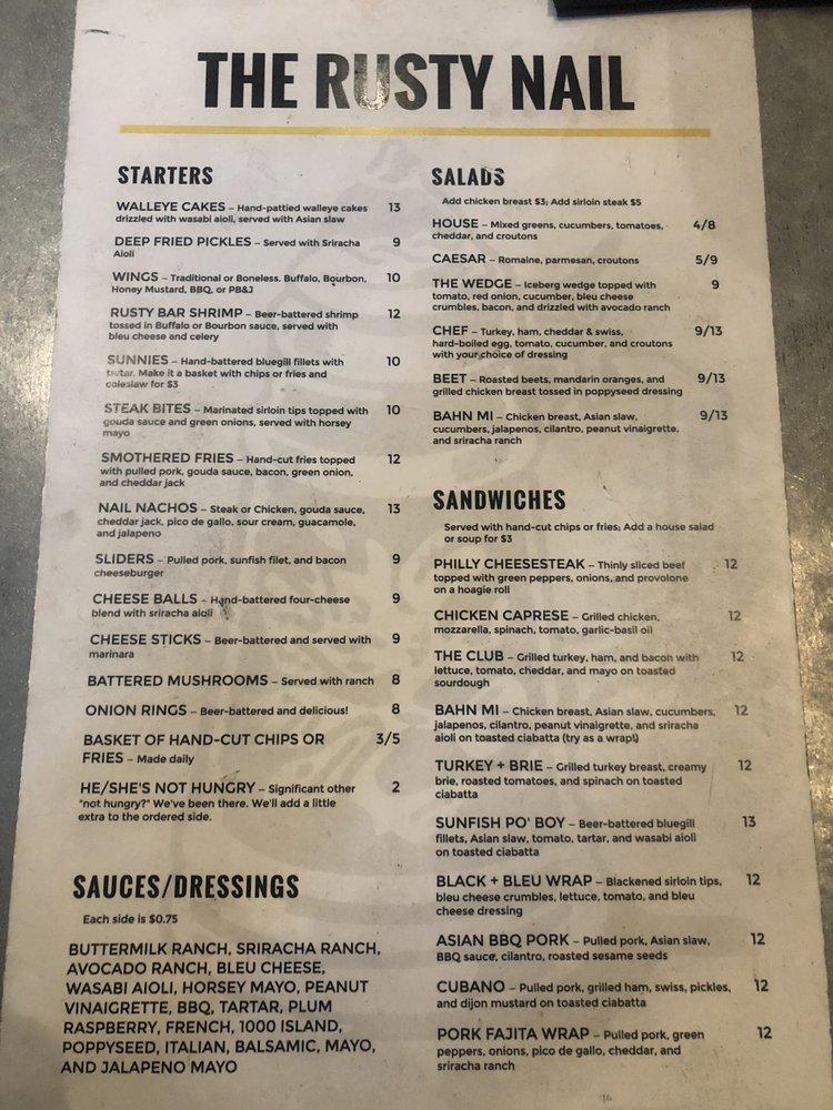 Menu at The Rusty Nail restaurant, Battle Lake