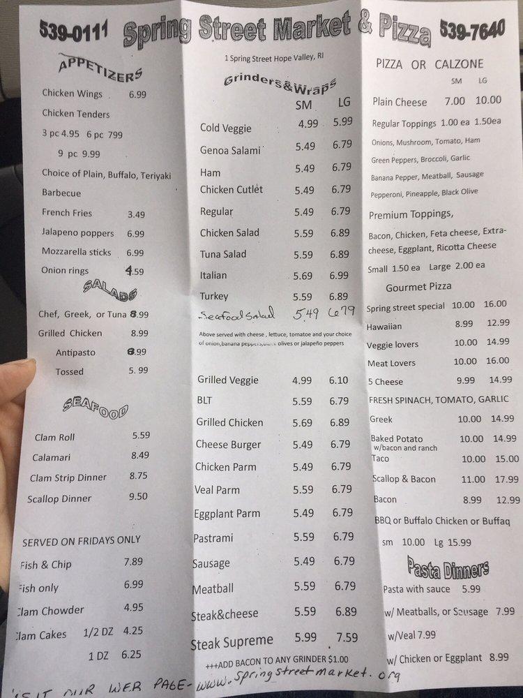 Menu at Spring Street Market and Pizza pizzeria, Hopkinton