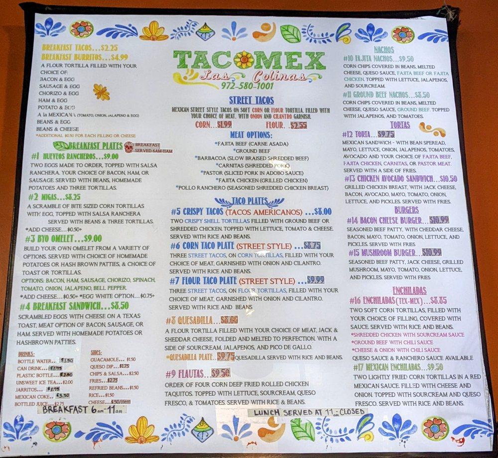 Menu at Tacomex Las Colinas restaurant, Irving
