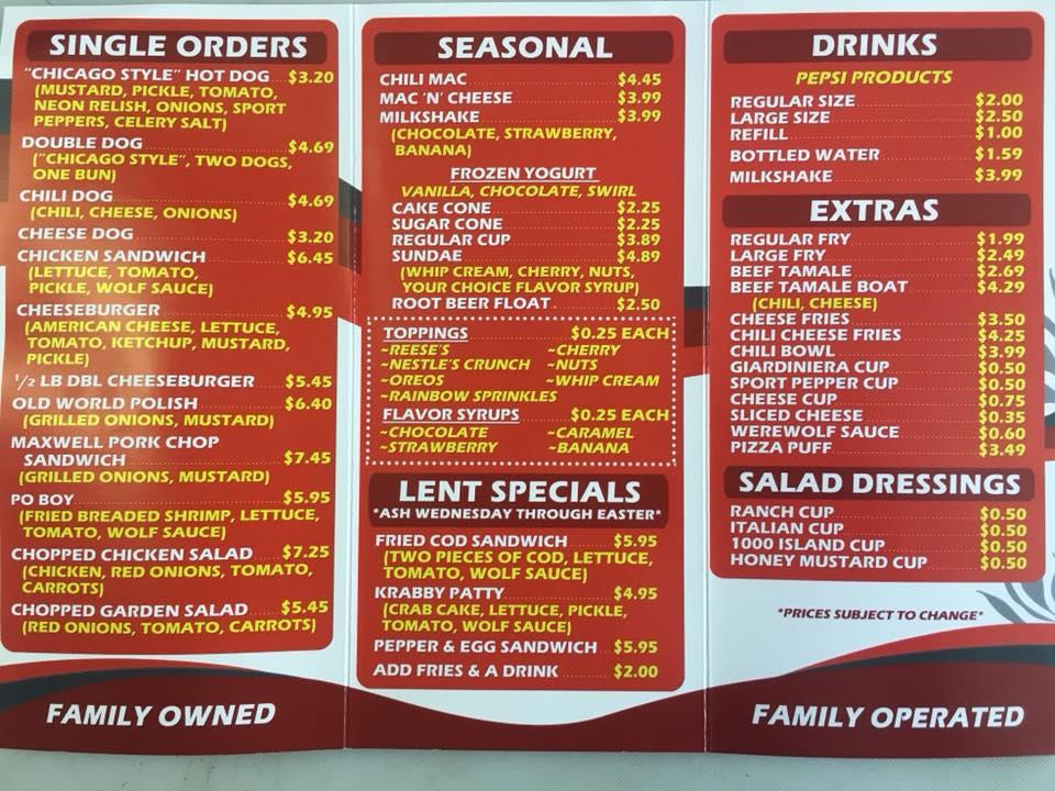 Menu at Wolf Road Hot Dogs restaurant, Des Plaines