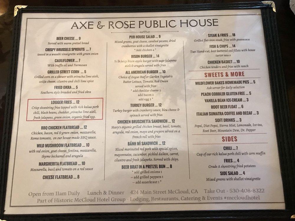 Menu at Axe & Rose Public House, McCloud