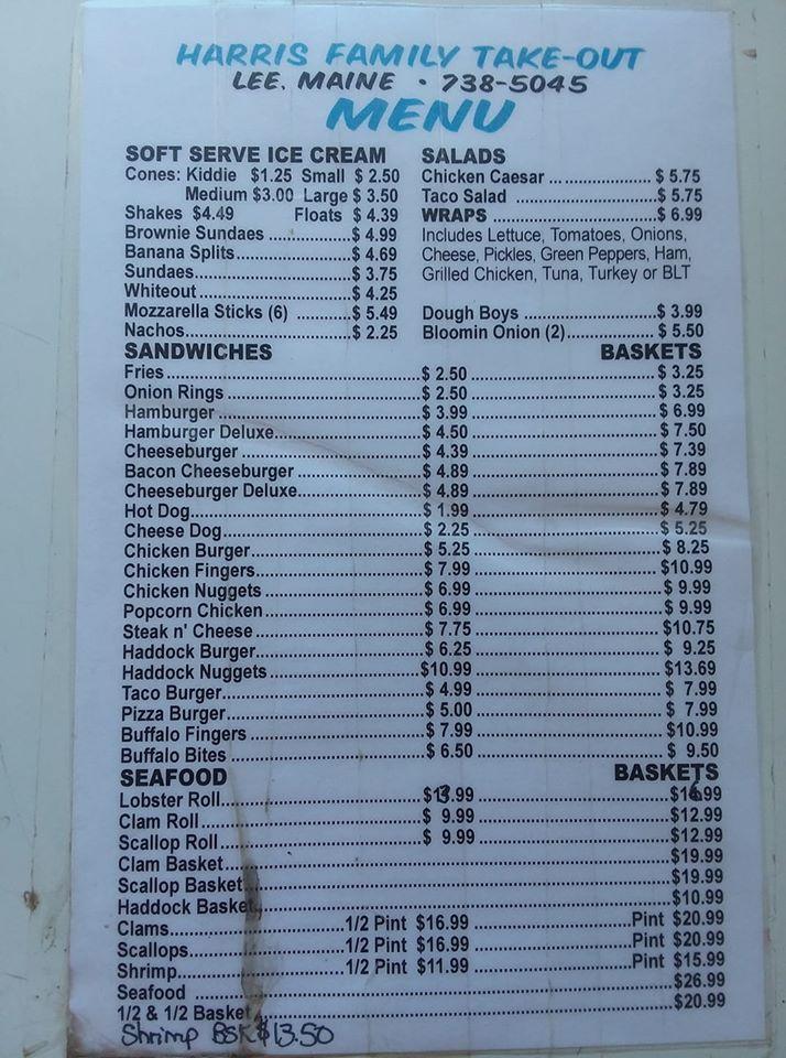 Menu at Harris Family Takeout restaurant, Lee