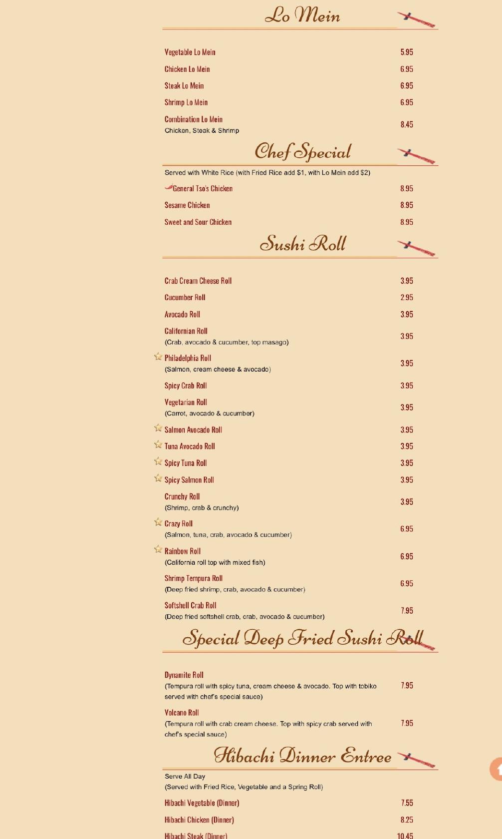 Menu at Hibachi Express restaurant, Morehead