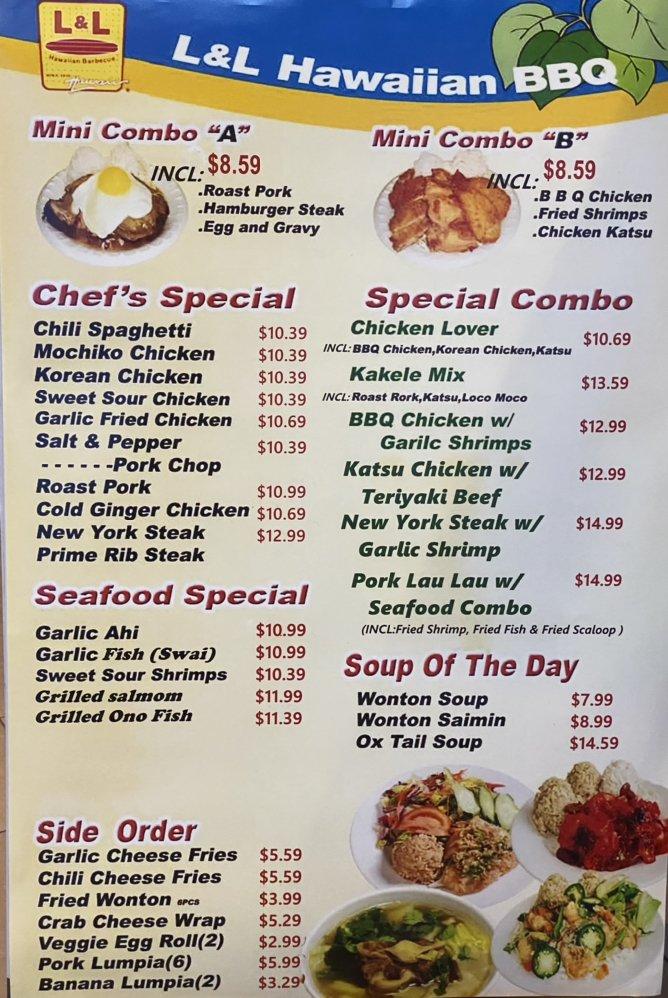 Menu at L&L Hawaiian Barbecue, Kailua-Kona, 74-5035 Queen Ka'ahumanu Hwy