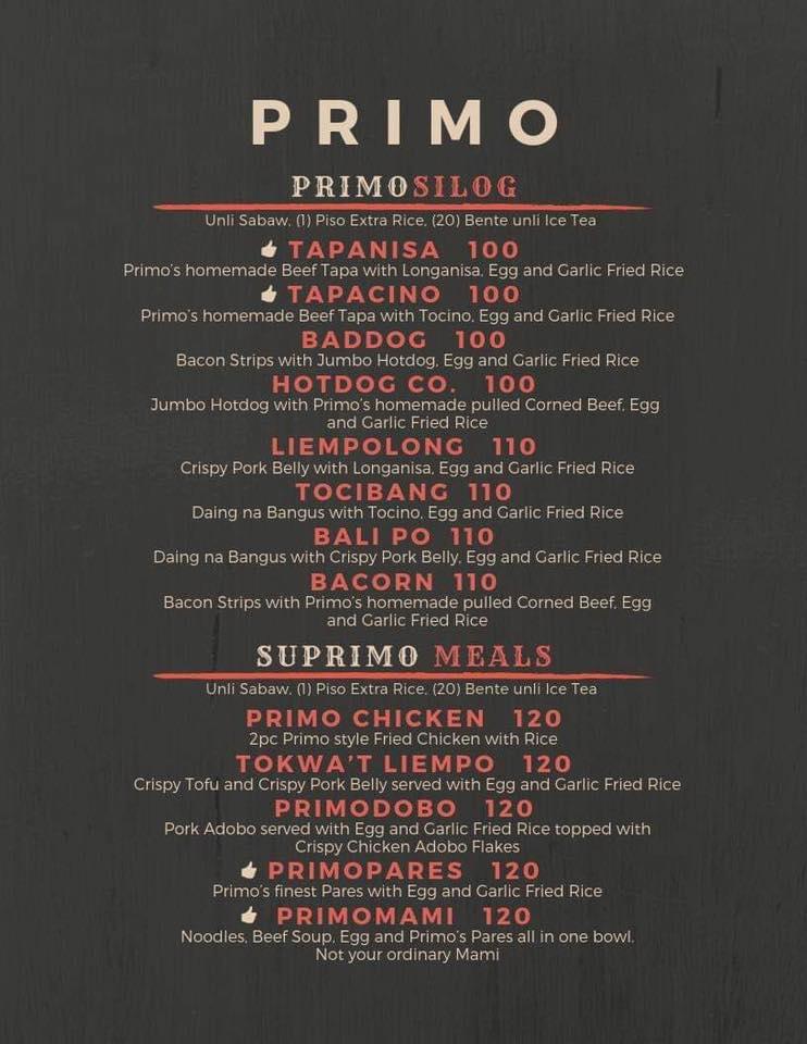 Carta del restaurante Primo, Mandaluyong