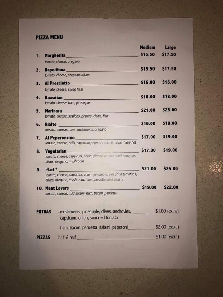 Menu at Rialto Restaurant, Burnie