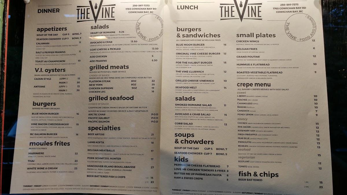 Menu at The Vine restaurant, Cowichan Bay, Cowichan Bay Rd