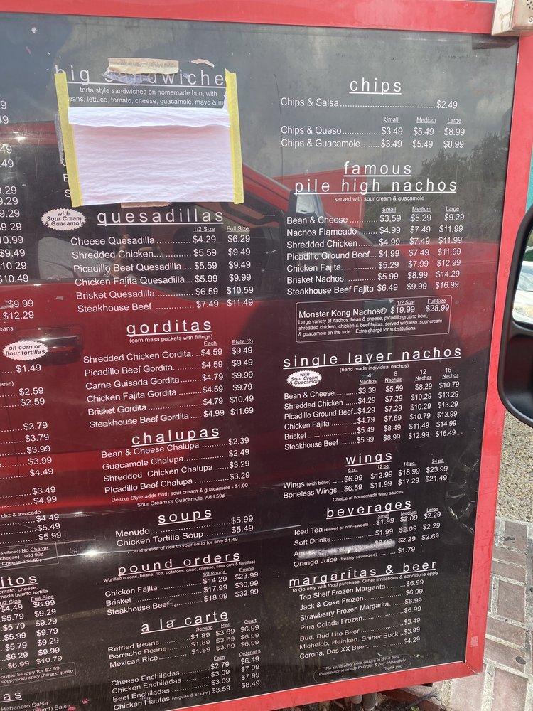 Menu at Chacho's restaurant, San Antonio, Callaghan Road at