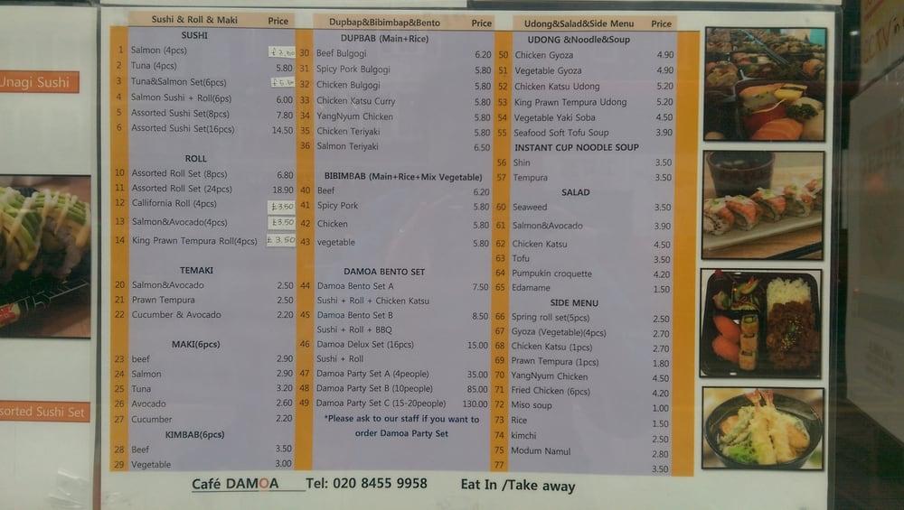 Menu at Damoa restaurant, London