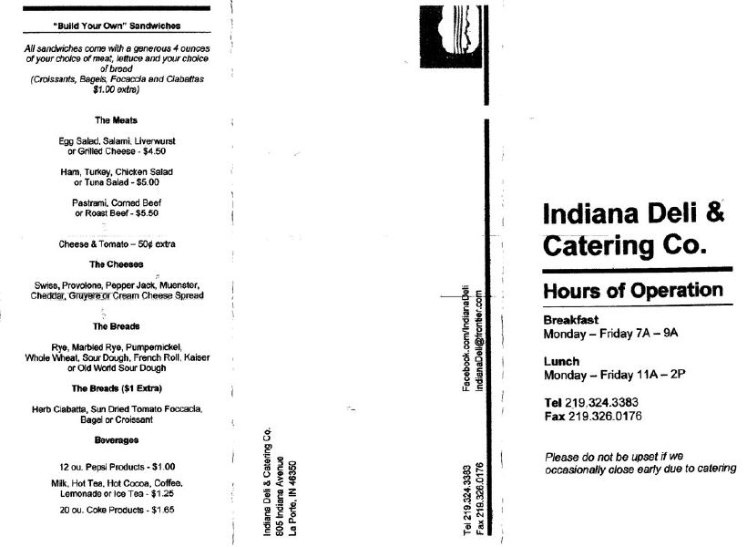 Menu at Indiana Deli and Catering restaurant, La Porte
