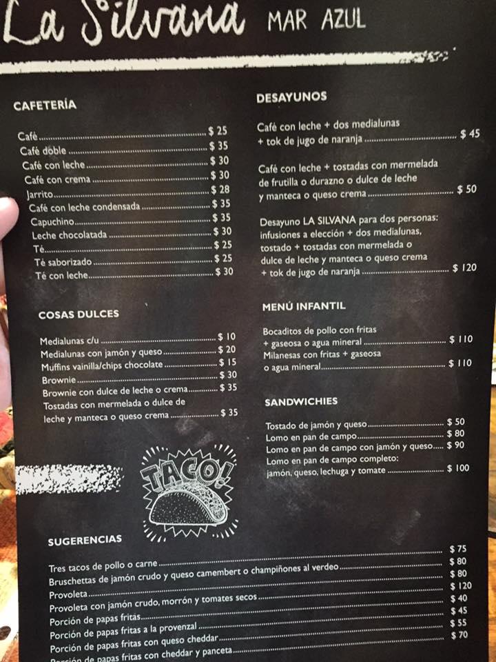 Menu at La Silvana restaurant, Mar Azul