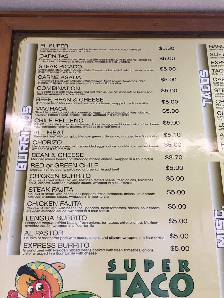 Menu at Super Taco Express restaurant, Vancouver