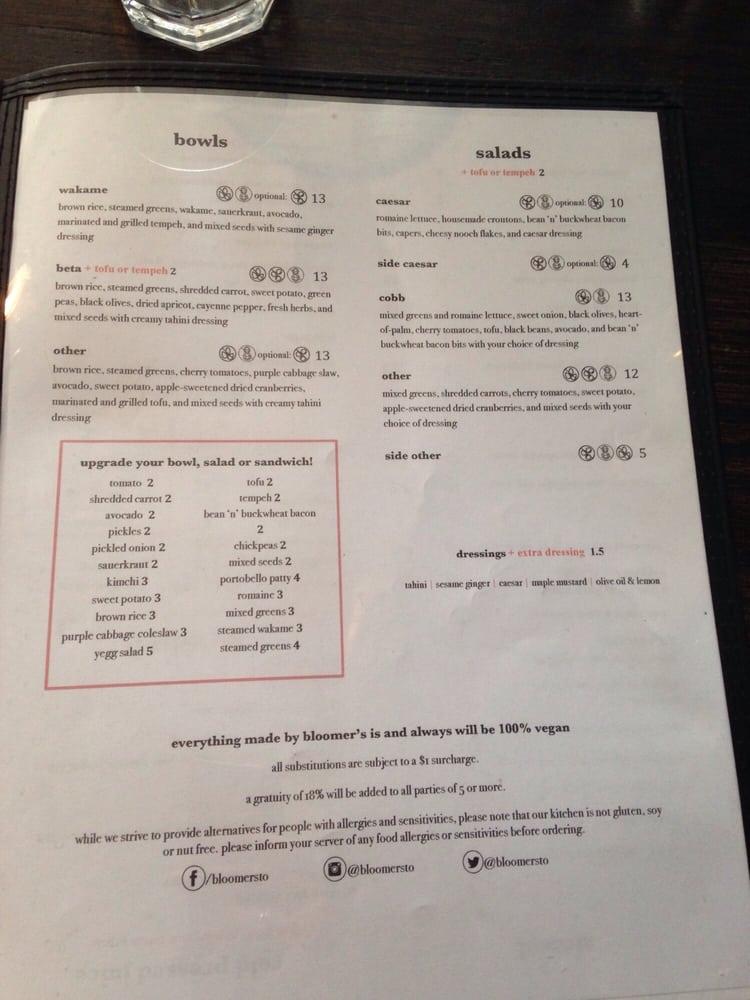 Menu at bloomer's Bloor cafe, Toronto, 873 Bloor St W