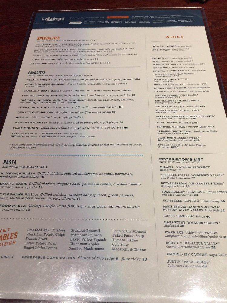 Menu at Aubrey's Cedar Bluff pub & bar, Knoxville, Middlebrook Pike