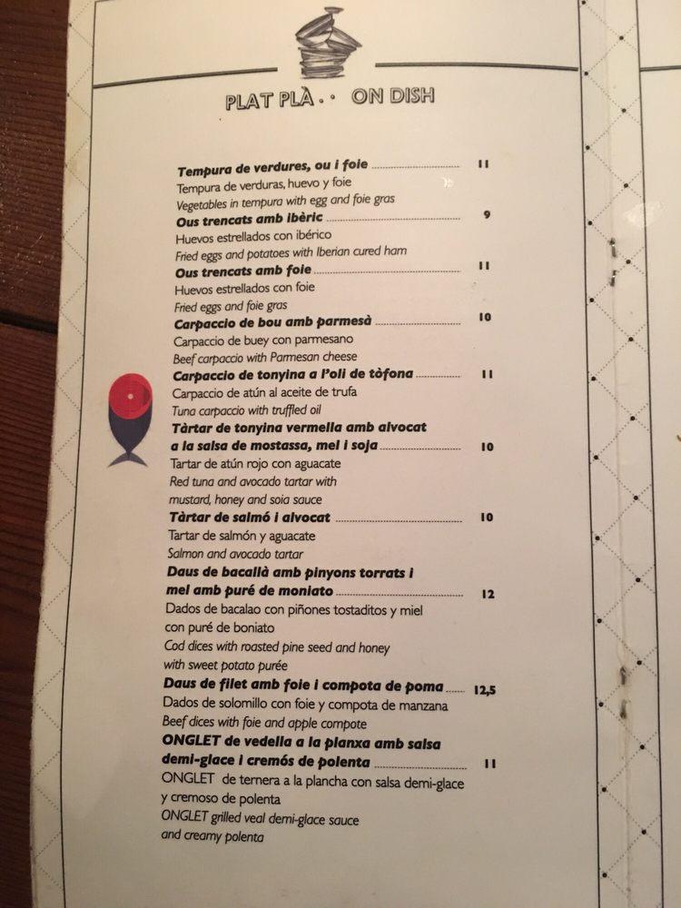 Menu at La Trini pub & bar, Barcelona